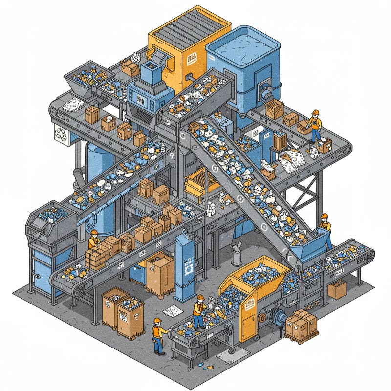 Multi-level Recycling Plant Illustration Featuring Conveyor Belts Transporting Various Stock ...