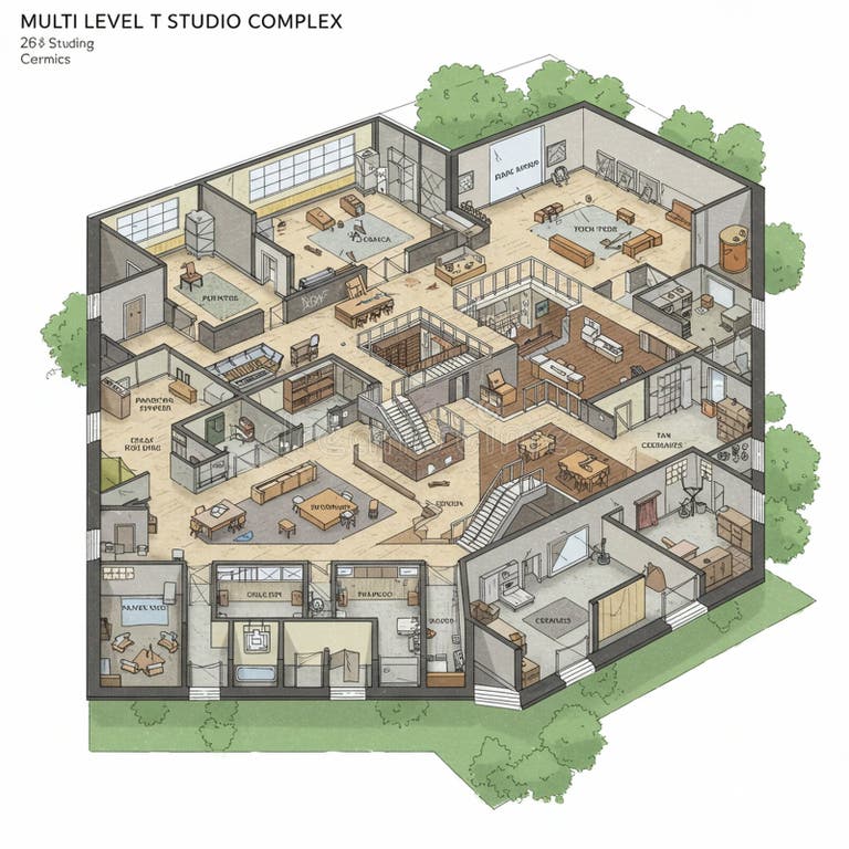 Multi-level Studio Complex Layout with Labeled Rooms for Various ...