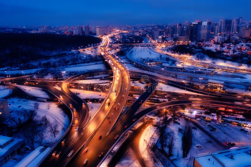 Multi-level Traffic Interchange Night Winter Drone View. Stock Image ...