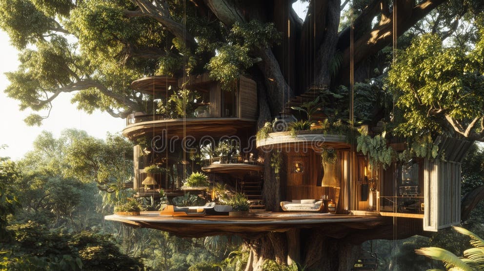Multi-Level Treehouse Built into the Canopy of a Large Tree Stock ...