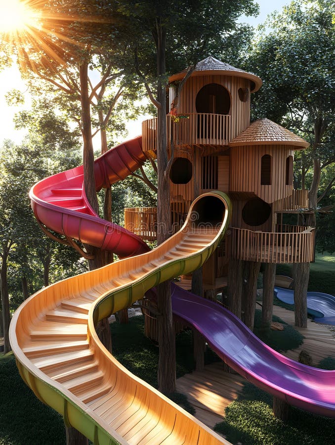 Treehouse and Slides in the Park Stock Vector - Illustration of hills ...