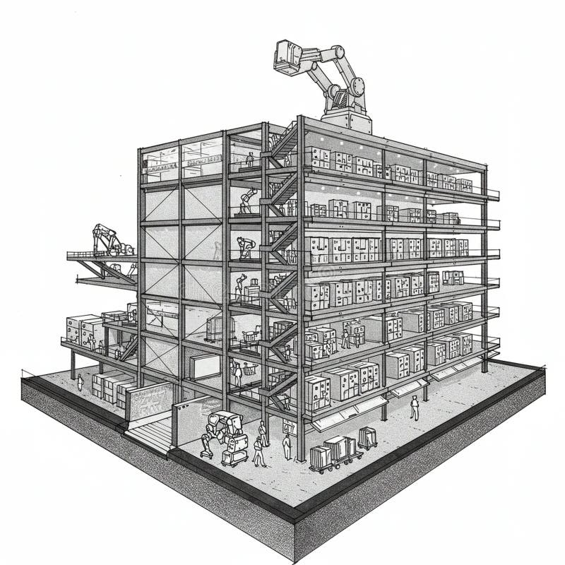 A Multi-level Warehouse Features an Intricate Shelving System with ...