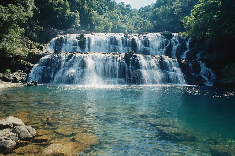 Multi-level Waterfall Cascading into Pristine Blue Pool. Stock Image ...