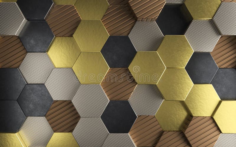 Multi-material Hexagons: a 3D Metallic Tiled Background in Gold, Copper ...
