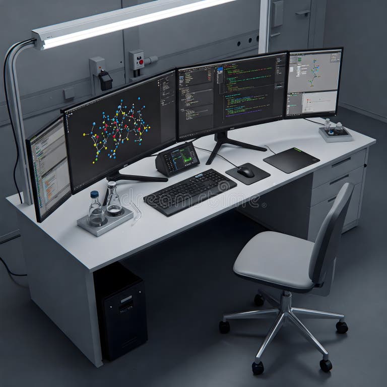 A Multi-monitor Computer Workstation Sits on a Desk in a Modern Lab or Office Environment ...