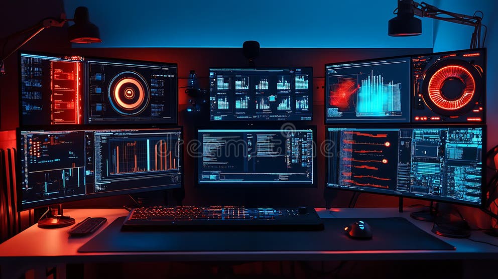Advanced Workstation Setup with Multiple Monitors Displaying Complex Data Visualizations and ...