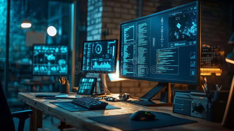 Multi-monitor Setup Displaying Code and Data in a Modern Workspace Stock Photo - Image of office ...
