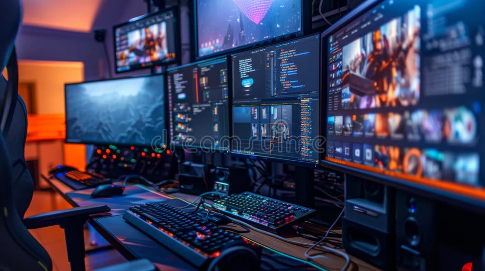 Multi Monitor Setup With Gaming And Coding Stock Image Image Of