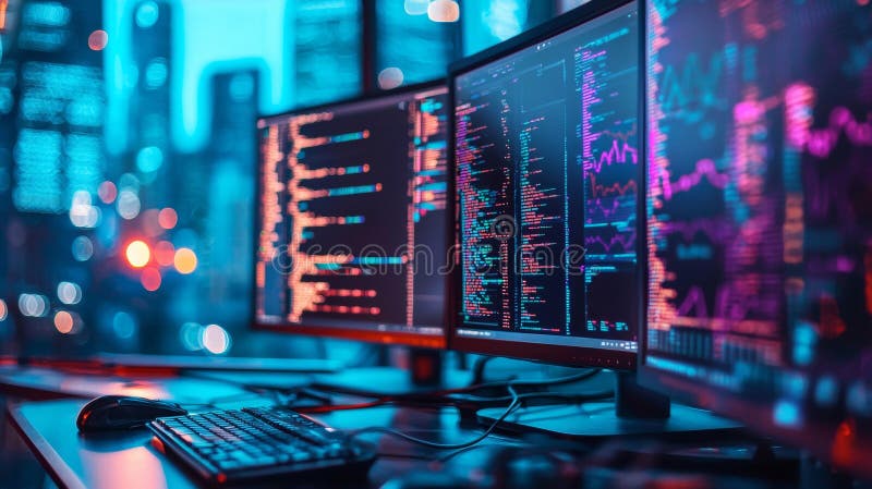 Multi-monitor Setup in a Modern Office with Colorful Code Display Stock Image - Image of code ...
