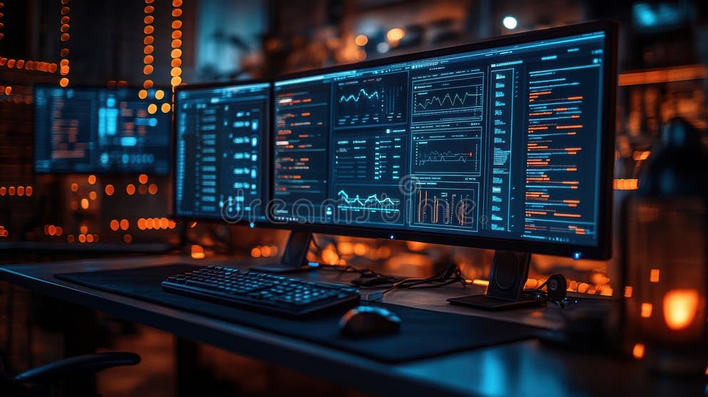 A Multi-monitor Workstation Displays Extensive Analytics and Coding ...