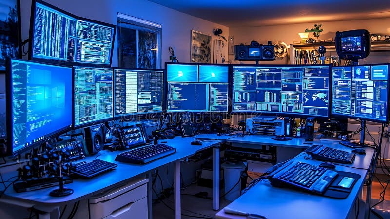 Multi-monitor Workstation with Glowing Blue Light, Showcasing Coding ...