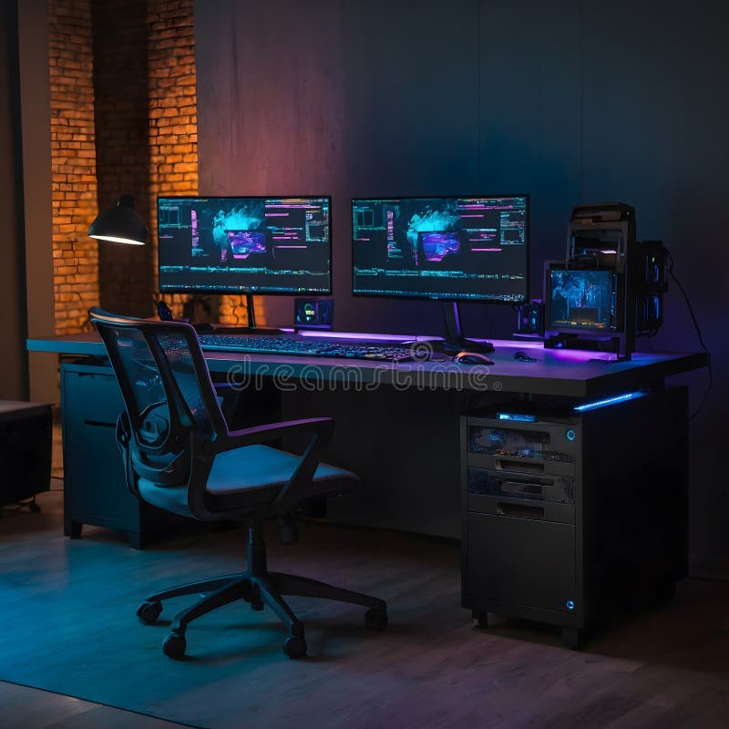 Multi-Monitors, RGB Keyboard, and Ergonomic Setup in a High-Tech Coding Workstation Stock Photo ...