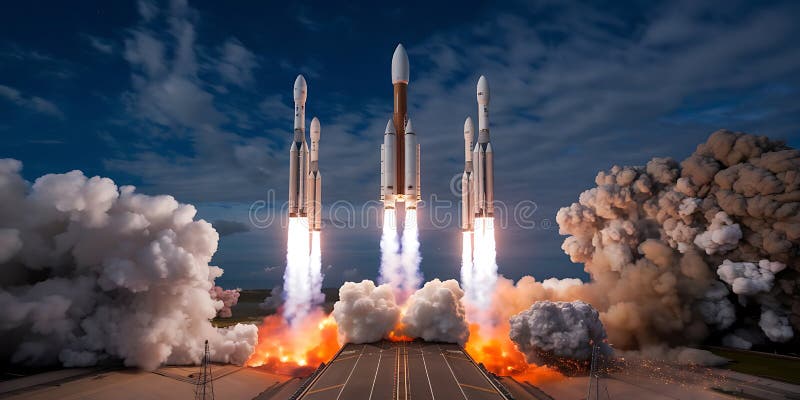 Multi-Rocket Launch with Powerful Engine Ignition and Smoke Stock ...