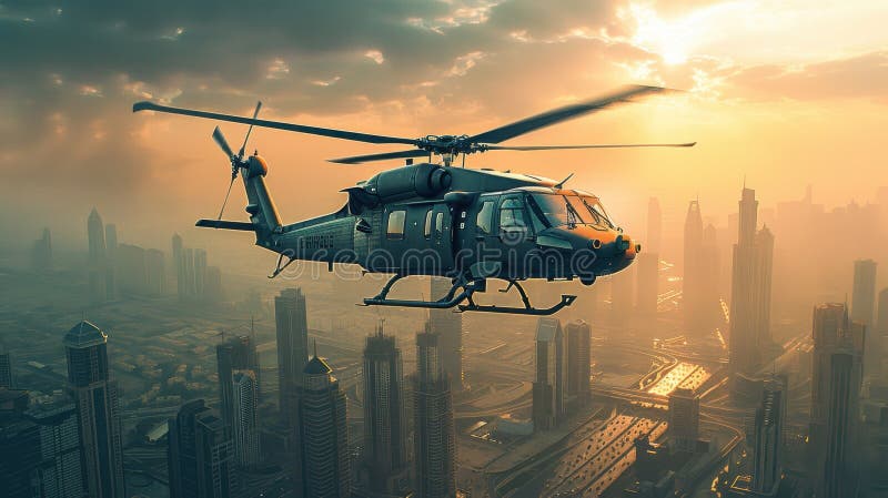 A Multi-role Military Helicopter Over the City. Helicopter Flying Over ...