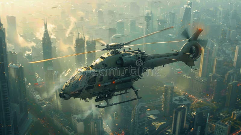 A Multi-role Military Helicopter Over the City. Helicopter Flying Over ...
