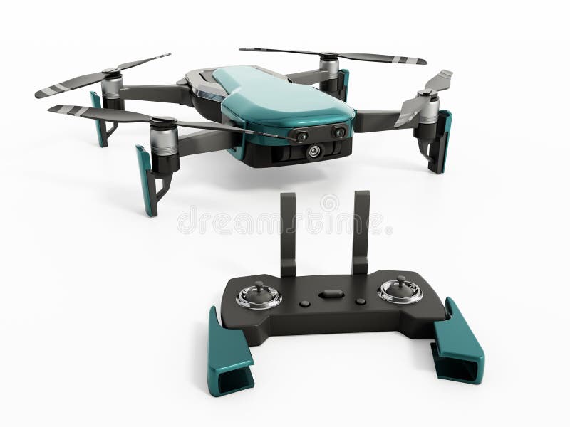 Multi Rotor Drone and Remote Control Isolated on White Background. 3D ...