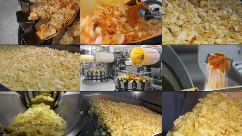 Multi Screen Collage of Fried Potato Chips on an Industrial Factory ...