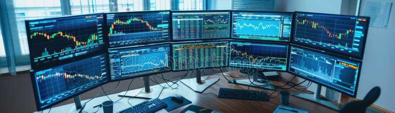 Multi-screen Setup Showing Synchronized Stock Market Charts in a Modern ...