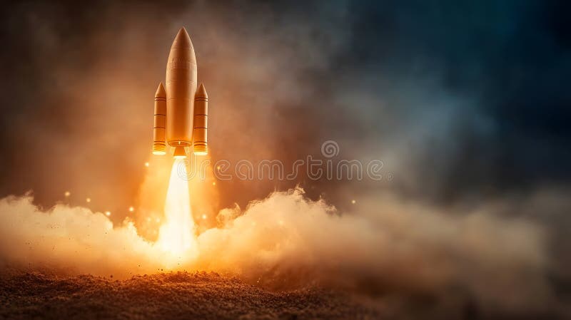 Rocket Launch with Fiery Exhaust Against a Dramatic Smoky Backdrop ...