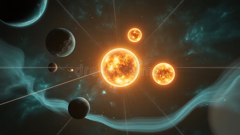 Multi- Star System with Planets Orbiting Glowing Suns in Nebula Space ...