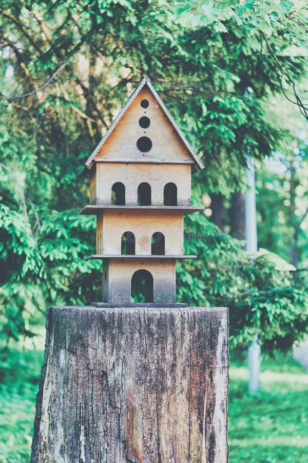 Multi-storey Bird House on a Tree Stump in the Park Stock Image - Image ...