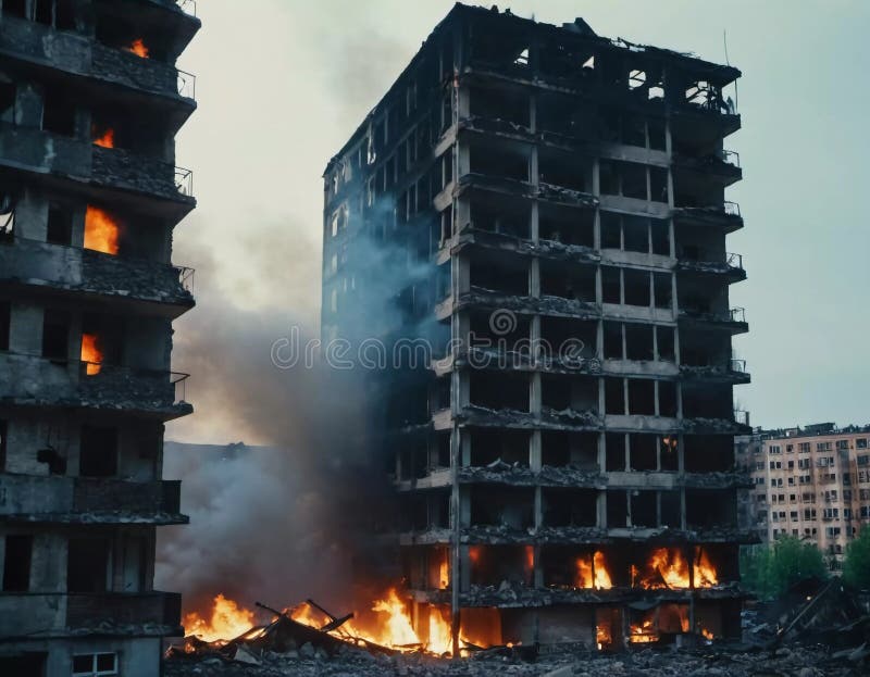 A Multi-storey Building Stands Engulfed in Flames and Thick Black Smoke ...