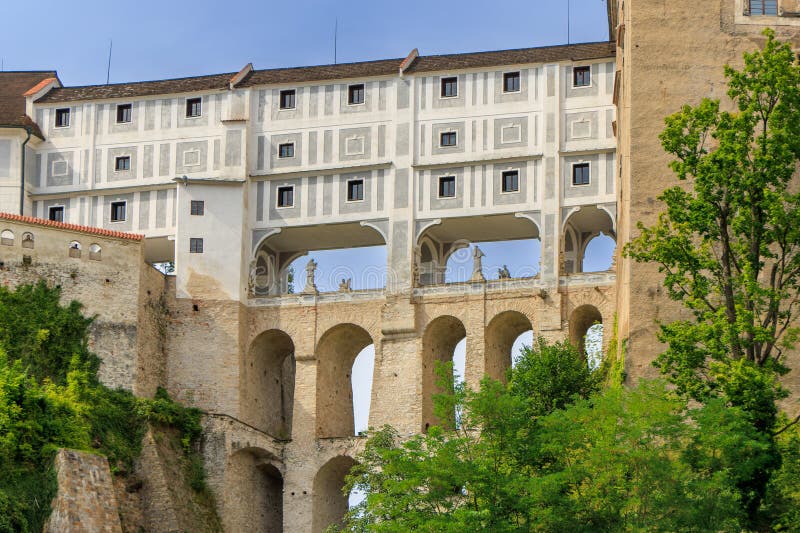 The Multi-storey Cloak Bridge or Mantelbruecke in Cesky Krumlov Castle ...