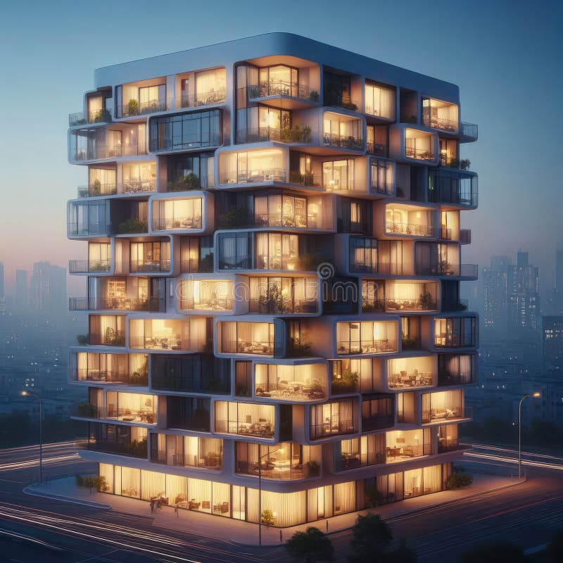 Multi-storey House with a Beautiful Design and Lights on in the Evening ...