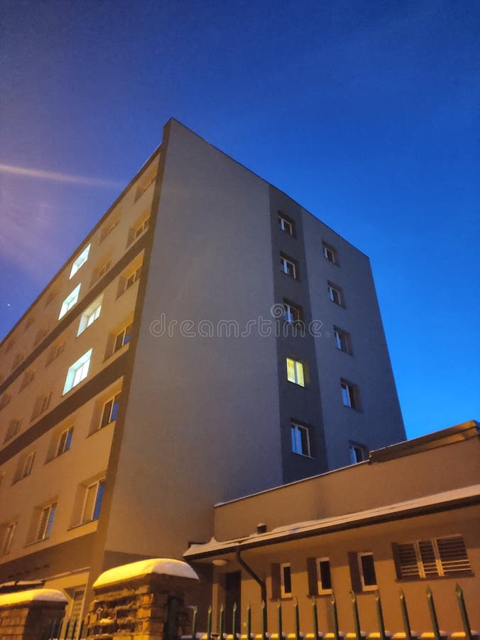 Multi-storey Residential Building in the Evening, Bottom View Stock ...