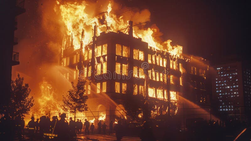 Building Engulfed in Flames, Firefighters Battling Blaze Amidst Smoke ...