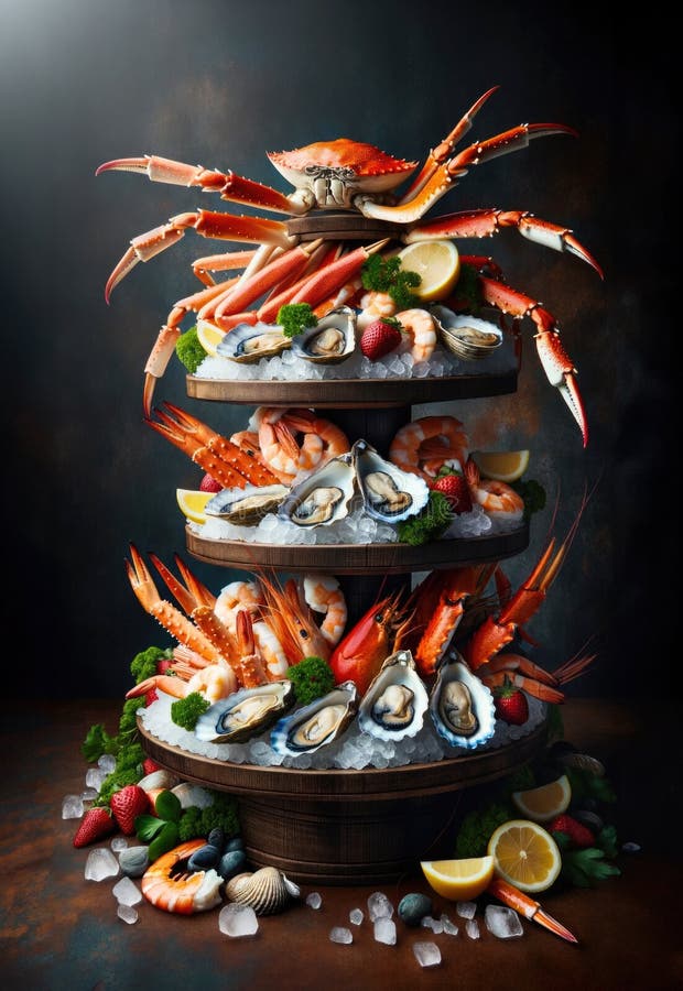 Multi-tiered Dish with Seafood Appetizers on Ice Stock Illustration ...