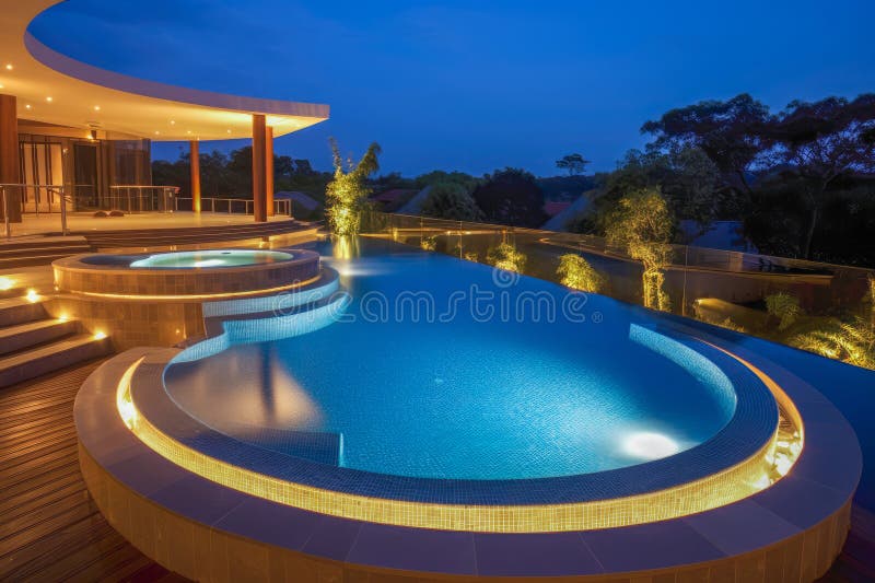 Multi-tiered Pool with an Integrated Bubbling Whirlpool Bath at Night ...