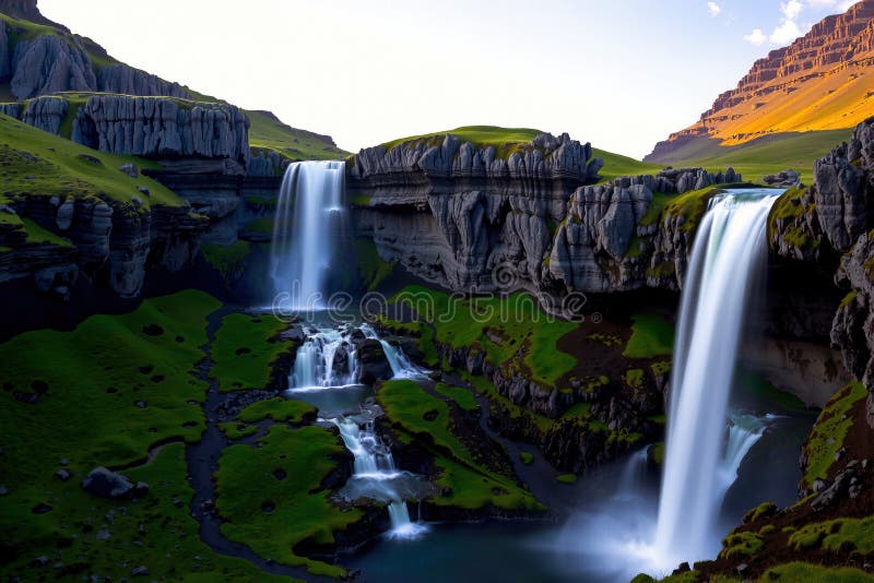 Multi-tiered Waterfall in Rocky Valley. AI Generation Stock Photo ...