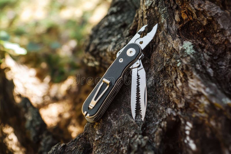 Multi-tool Knife with a Black Handle Resting on Tree Bark Stock ...