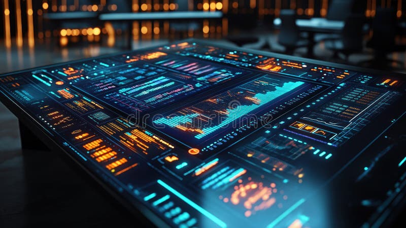 Multi-touch Conference Table Displays AI-driven Investment Strategies. Colorful Graphs, Data ...