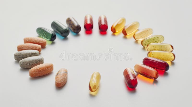 Multi Vitamin a Colorful Array of Vitamin Capsules Arranged in a Semi ...