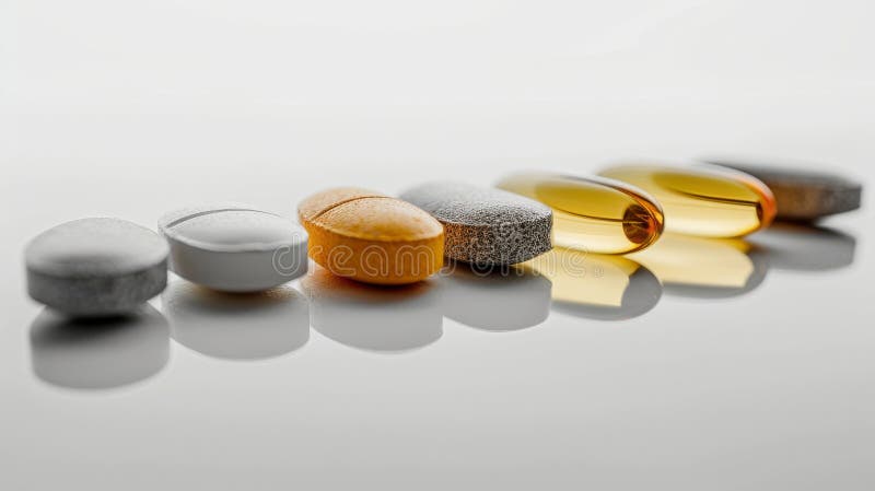 Multi Vitamin Pills and Capsules Arranged in a Line on a Reflective ...