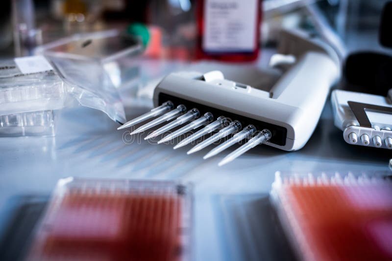 Multichannel Pipette on a Laboratory Desk Stock Image - Image of ...
