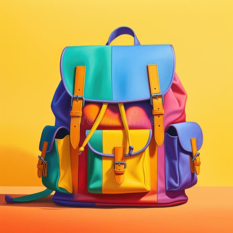 Multicolor Backpack on Yellow Background. Copy Space Stock Image ...