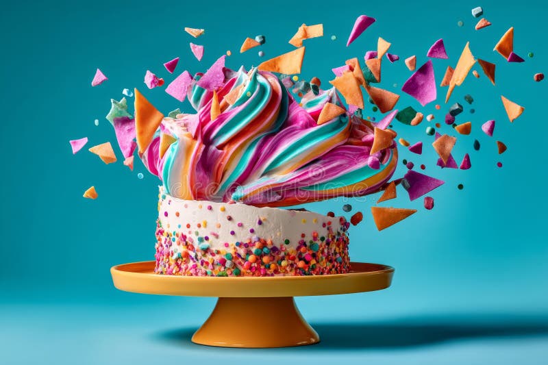 Multicolor Cake with Exploding Candy Shards and Rainbow Frosting on a ...