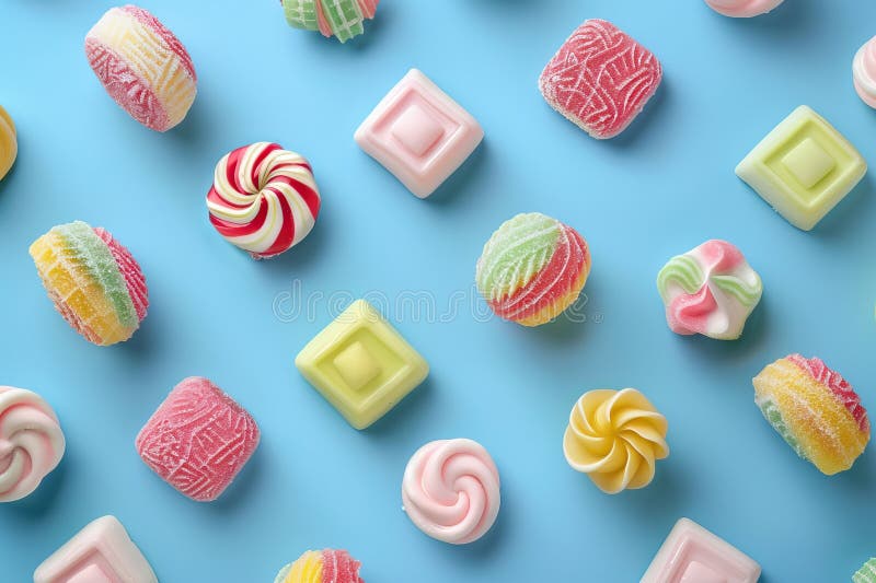 Multicolor and Differend Shapes Candies on Blue Background Stock ...