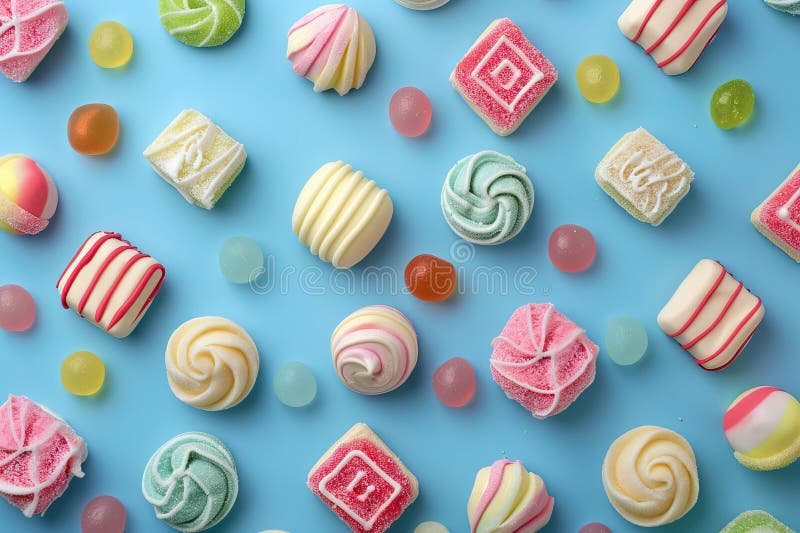 Multicolor and Differend Shapes Candies on Blue Background Stock Image ...