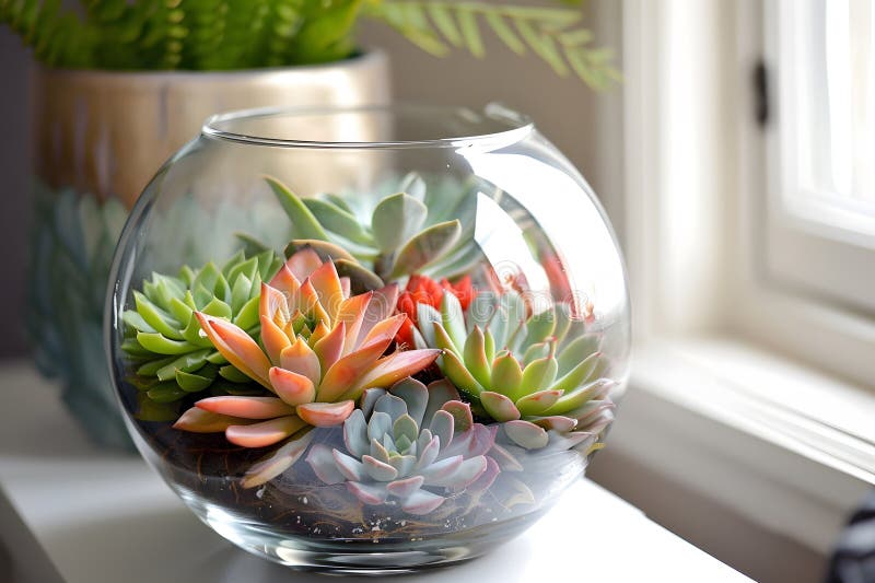 Multicolor DIY Succulent Terrarium at Glass Container, beside Window ...