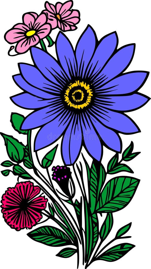 Multicolor Drawing of a Bouquet of Wild Flowers with a Black Outline ...