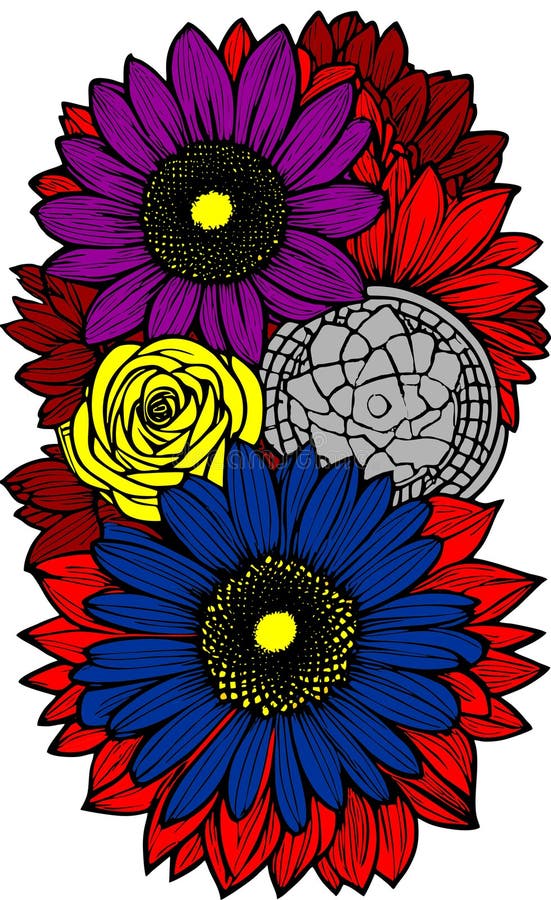 Multicolor Drawing of a Bouquet of Wild Flowers with a Black Outline ...