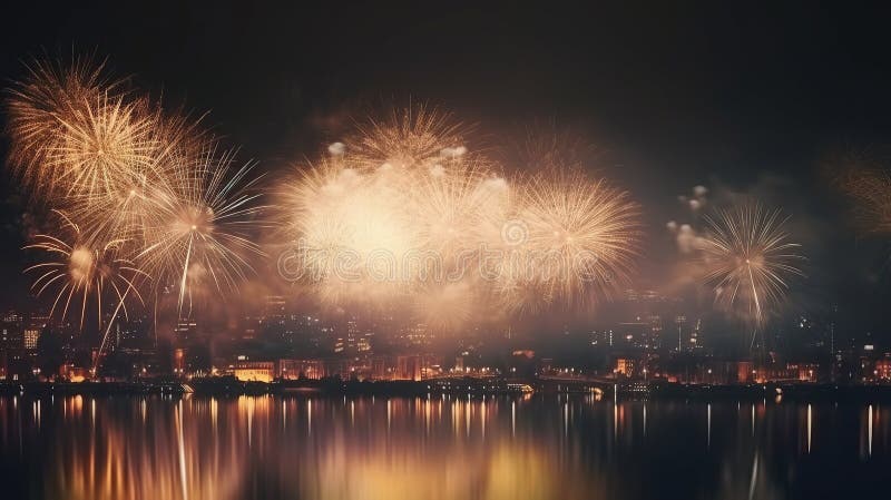 Multicolor Fireworks Explosion in Night Sky. Defocused Night City ...