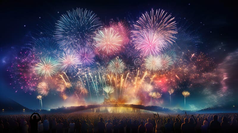 Multicolor Fireworks of Light Around an Enthusiastic Crowd, Absorbed in ...
