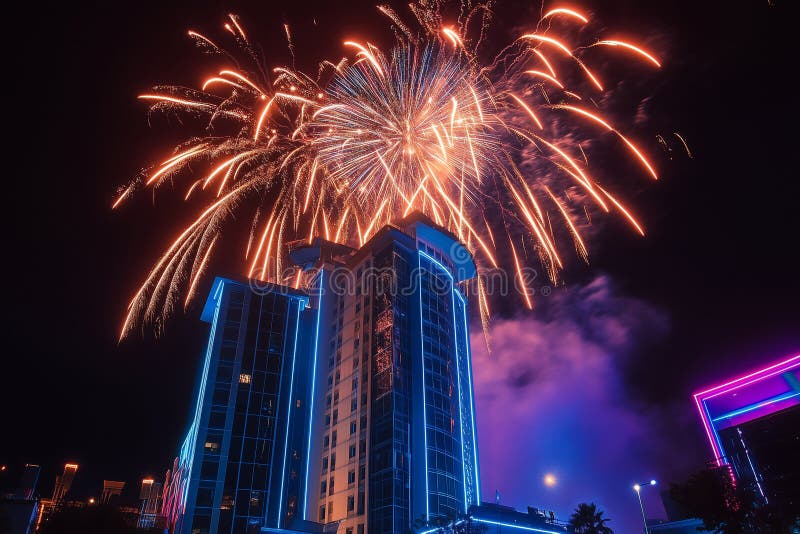Multicolor Fireworks Over Skyrise Building. New Year. by Generative Ai ...