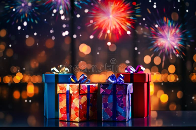 Multicolor Gift Boxes on the Ground, Glitter Festival Firework on ...