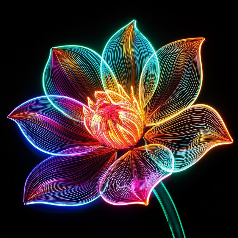 Multicolor Neon Light Drawing, Abstract Shape Flowers Isolated on Black ...